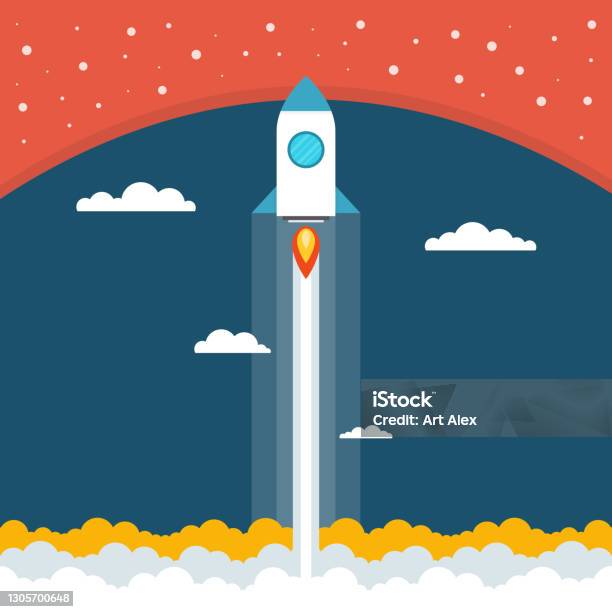 Roket Terbang Di Langit Konsep Startup Proyek Bisnis Baru Gaya Kartun