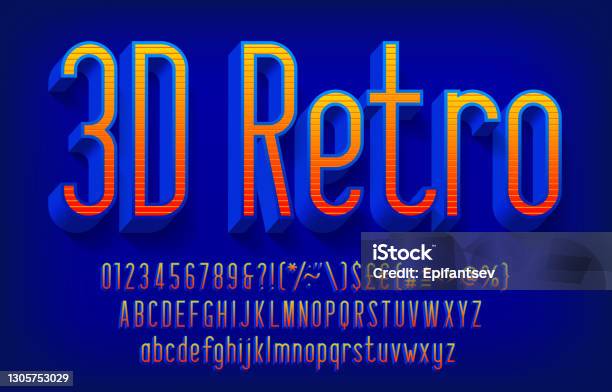 Font Alfabet Retro 3d Huruf Sempit Angka Dan Tanda Baca Dengan Bayangan