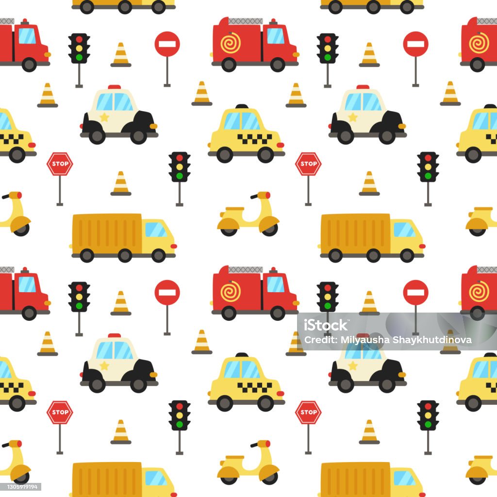 Ilustración de Patrón Sin Costuras Con Lindos Medios De Transporte De ... Ilustración de Patrón Sin Costuras Con Lindos Medios De Transporte De ...