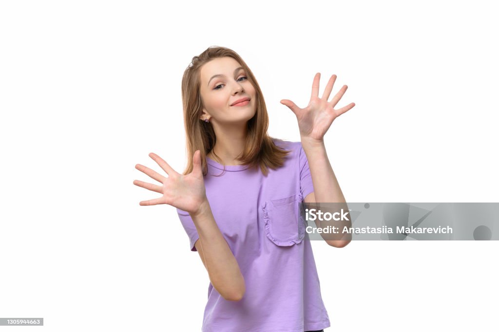 Surprised And Happy Girl Express Overjoy And Surprised Spread Hands