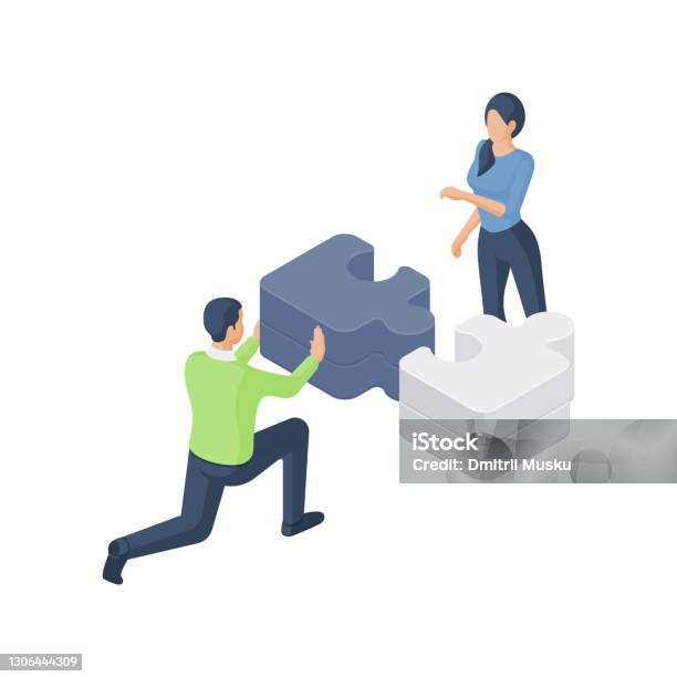 Rekan Pria Dan Wanita Memecahkan Tekateki Bersama Ilustrasi Stok