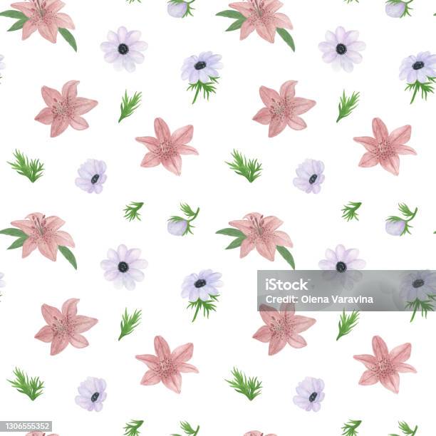 Fleur De Lys De Couleur Rose Sombre Délicate Anémones Blanches Feuilles