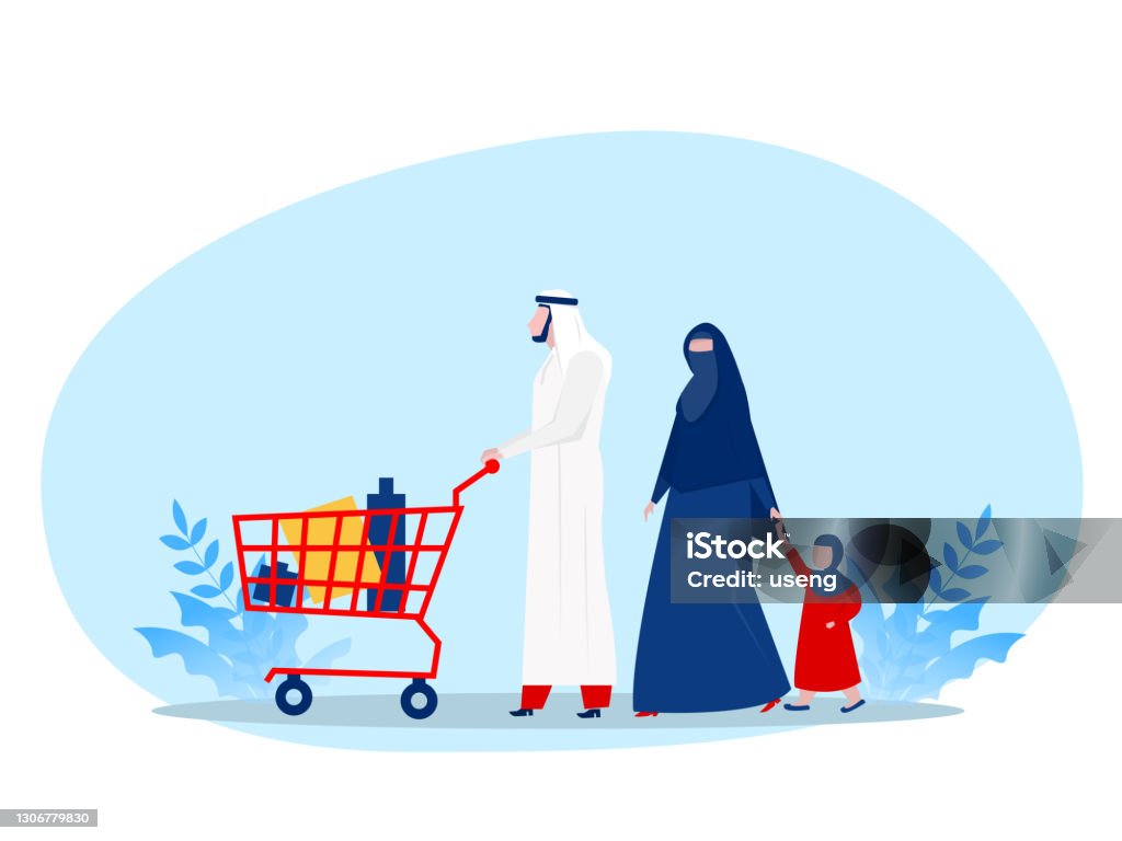 Muslim Family Buying Shopping With Wheeling Shopping Cart In Grocery ... Muslim Family Buying Shopping With Wheeling Shopping Cart In Grocery ...