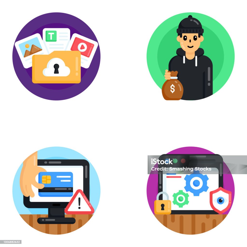 Cybercrime And Website Interface Flat Rounded Icons Stock Illustration