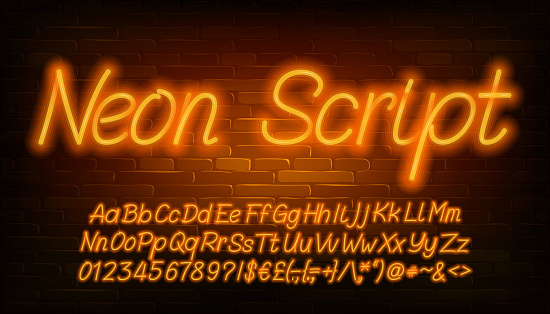 Font Alfabet Skrip Neon Huruf Warna Neon Oranye Angka Dan Tanda Baca