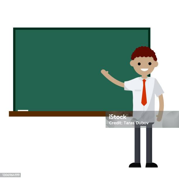 School Teacher Stands Near Blackboard Lecturer In College In Classroom