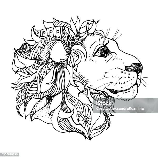 Lion Tiré À La Main De Doodle Dencre Sur Le Fond Blanc Page De