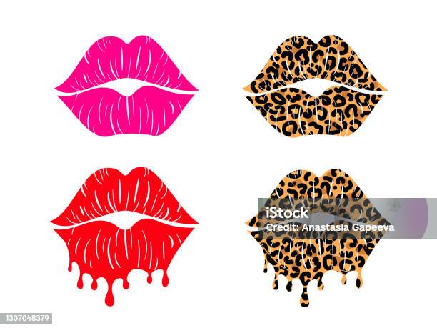 Set Bibir Ciuman Dengan Cetakan Macan Tutul Terisolasi Pada Latar