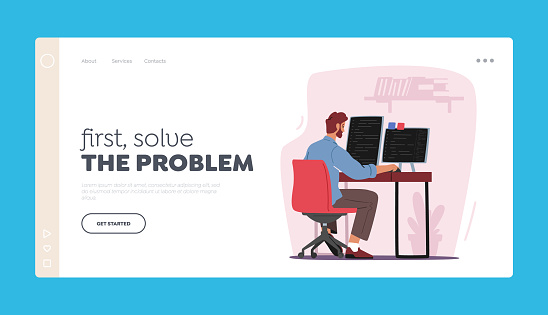 Web Development Website Programming Landing Page Template Programmer Male Character Work On