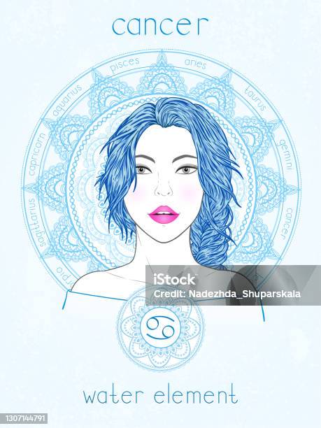Vector Illustration Of Cancer Zodiac Sign Portrait Beautiful Girl Stock