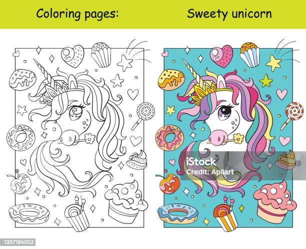 Kepala Unicorn Lucu Dengan Permen Dan Kue Mewarnai Vektor Dan Template ... Kepala Unicorn Lucu Dengan Permen Dan Kue Mewarnai Vektor Dan Template ...