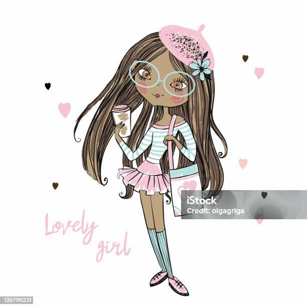 Cute Fashionista Darkskinned Teenage Girl In A Pink Beret With A Cup Of