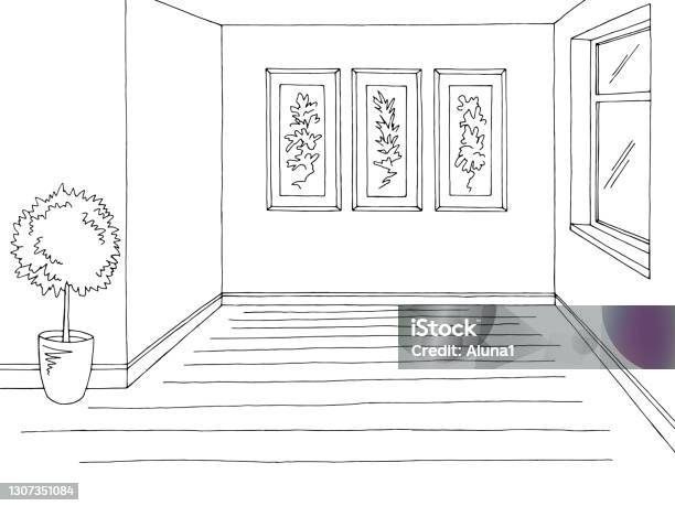 Kamar Grafis Hitam Putih Rumah Interior Sketsa Ilustrasi Vektor