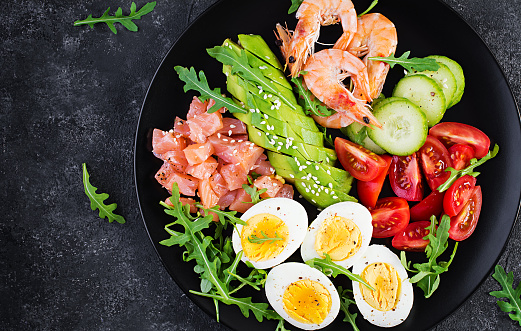 Ketogenic Diet Breakfast Salt Salmon Salad With Boiled Shrimps Prawns