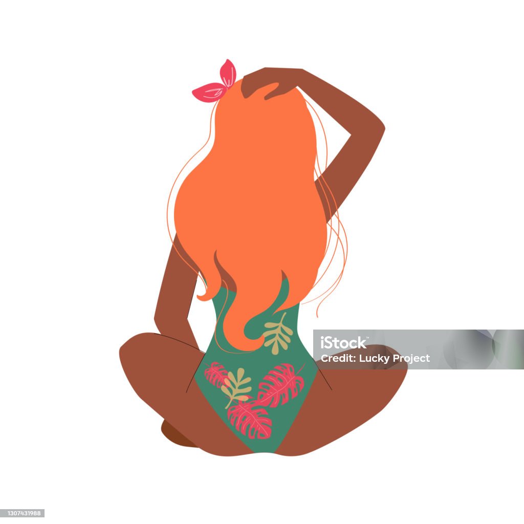 Beautiful Redhaired Girl In A Swimsuit With Tropical Leaves Summer And
