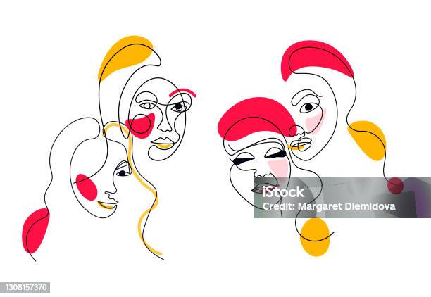 Set Of Abstract Women Face One Line Drawing Portrait Minimalistic Style