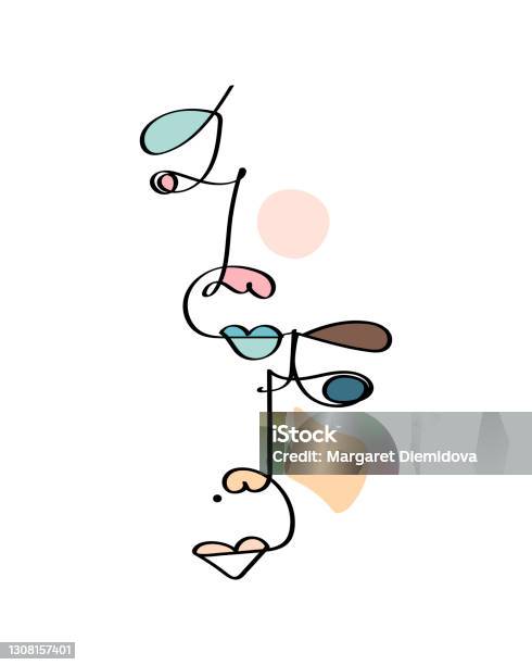 Set Of Abstract Face One Line Drawing Portrait Minimalistic Style Fine
