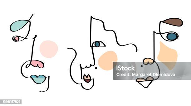 Set Of Three Abstract Face One Line Drawing Portrait Minimalistic Style