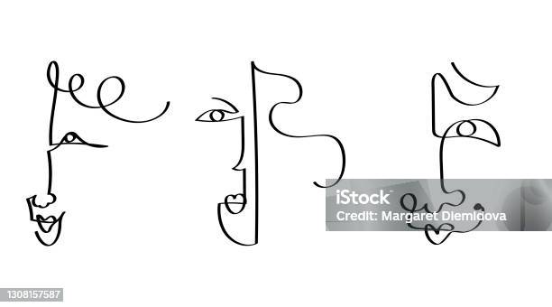 Set Of Three Abstract Face One Line Drawing Portrait Minimalistic Style