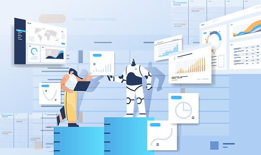 Robot Dengan Wanita Pengusaha Menganalisis Grafik Statistik Data