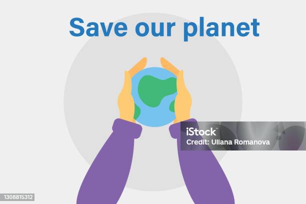Vektor Ilustrasi Datar Tangan Memegang Planet Bumi Konsep Untuk