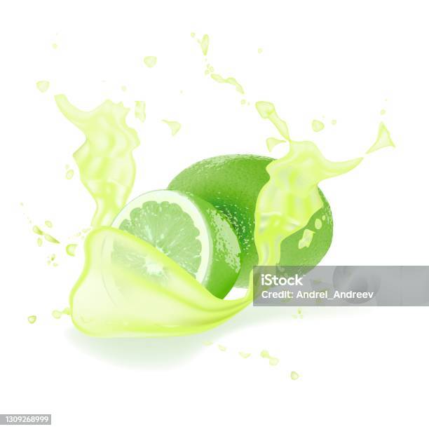 Jeruk Nipis Segar Dalam Percikan Jus Buah Terisolasi Ilustrasi Stok