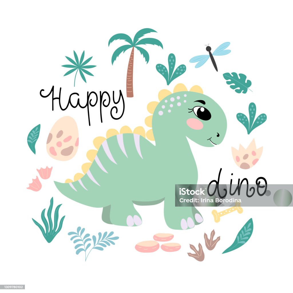 Gambar Dinosaurus Kartun Lucu Daun Dengan Tulisan Happy Dino Dalam