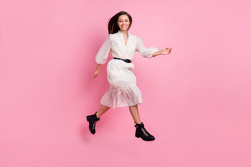 Full Size Profile Photo Of Optimistic Brunette Lady Jump Run Wear Dress