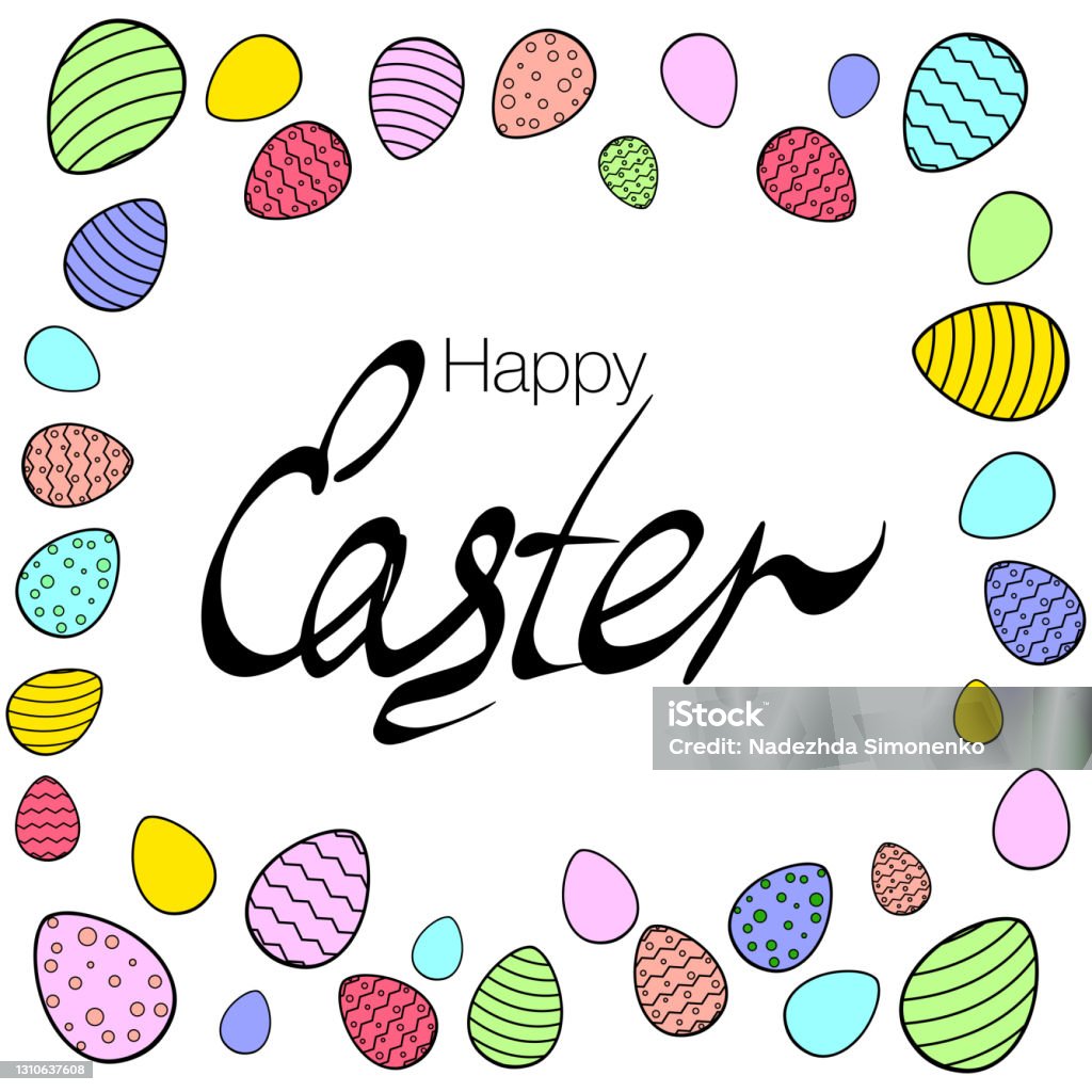 Happy Easter Lettering Illustration Eggs Bunny Flower Stock