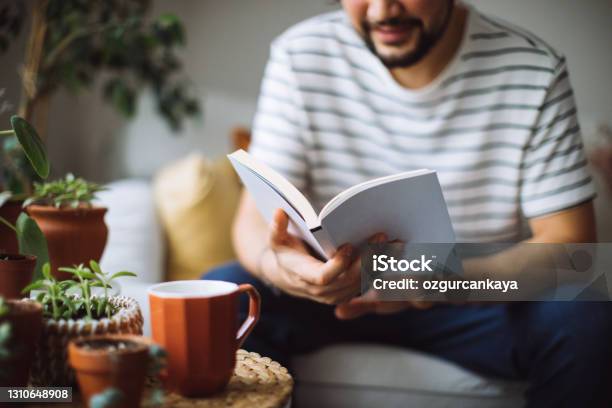 Pria Modern Membaca Buku Sambil Duduk Di Sofa Di Interior Trendi Dengan