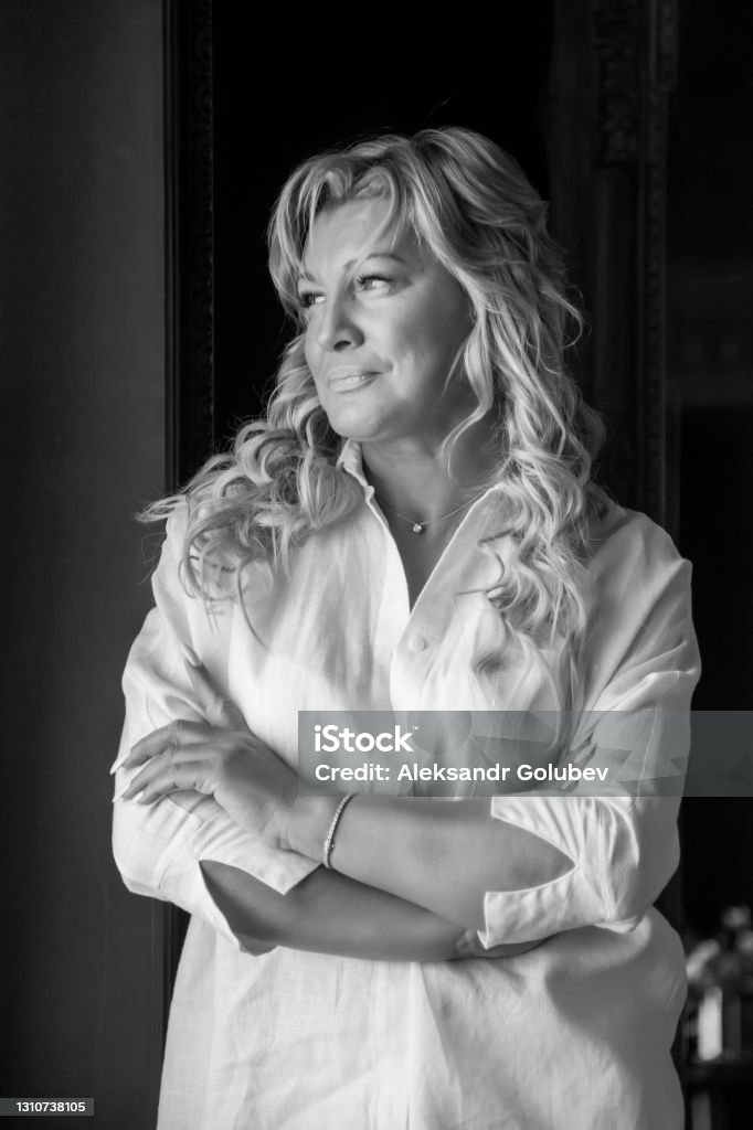 Portrait Photo Cute Middle Aged 45 Years Old Blonde Woman In Domestic