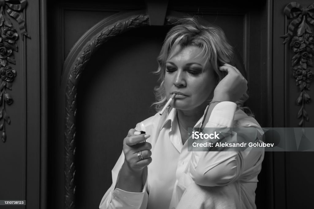 Portrait Photo Cute Middle Aged 45 Years Old Blonde Woman In Domestic