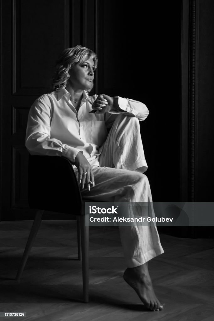 Portrait Photo Cute Middle Aged 45 Years Old Blonde Woman In Domestic
