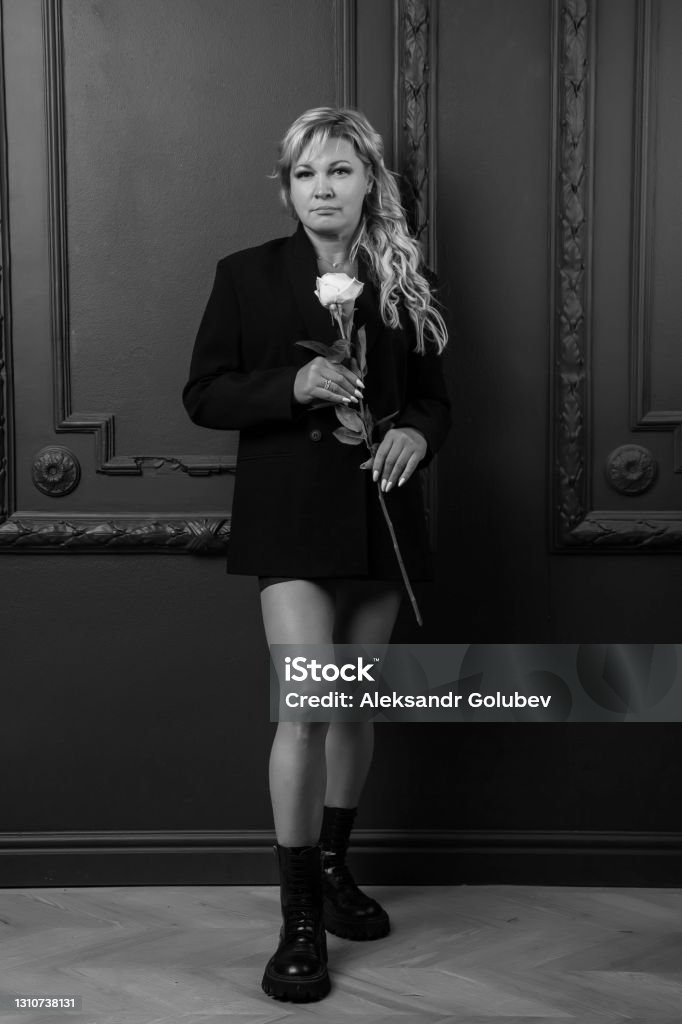 Portrait Photo Cute Middle Aged 45 Years Old Blonde Woman In Domestic