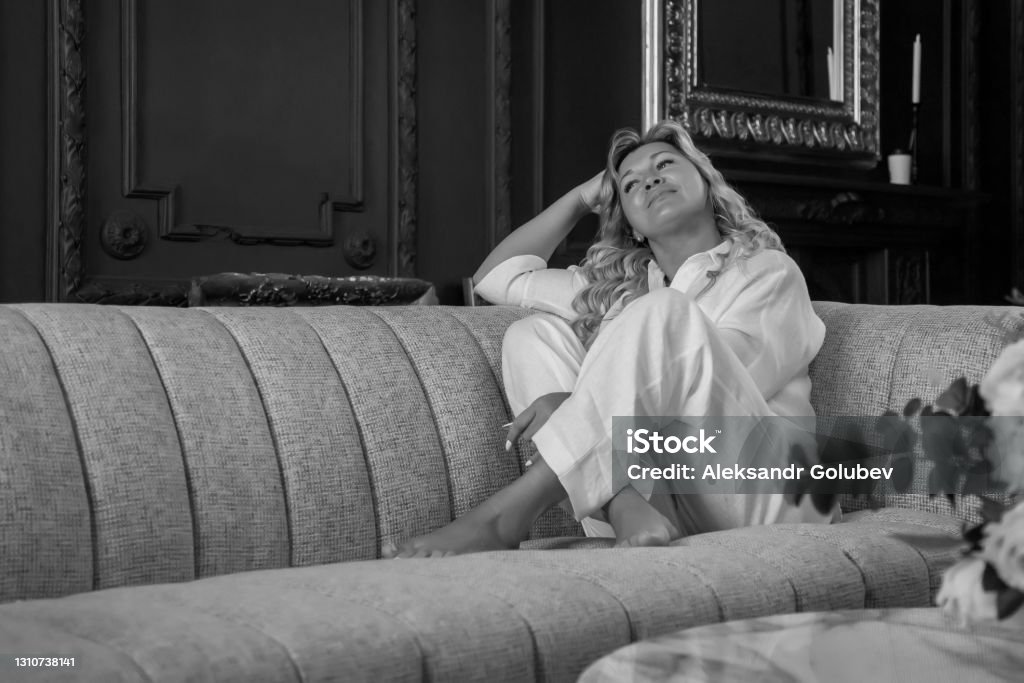 Portrait Photo Cute Middle Aged 45 Years Old Blonde Woman In Domestic