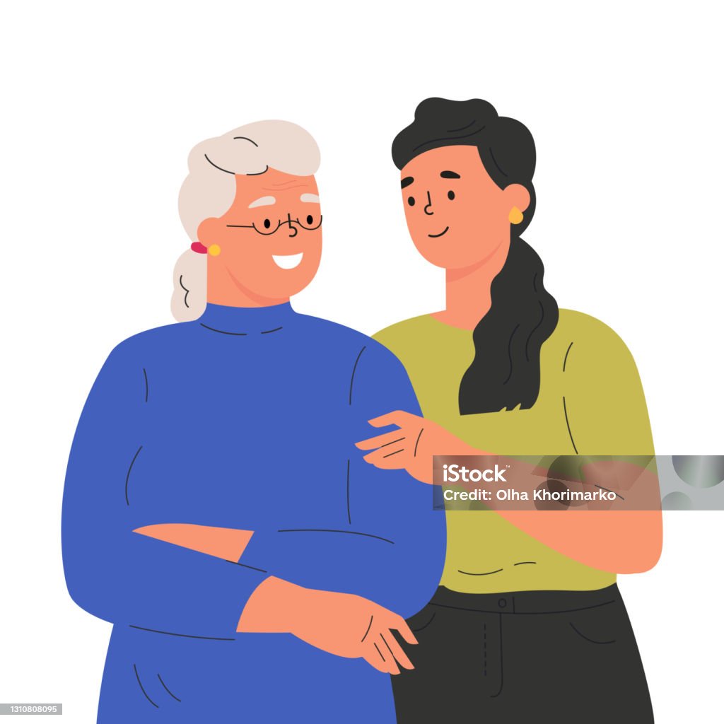 Happy Adult Daughter Hugging Old Mother Stock Illustration Download