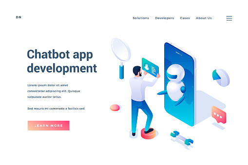 Pengembangan Aplikasi Chatbot Templat Halaman Arahan Isometrik Man