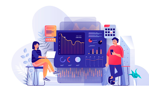 Scène Danalyse Big Data Homme Et Femme Analysant Des Diagrammes Des