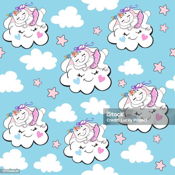 Cute Summer Bunny Sleeps On A Cloud Seamless Pattern Vector