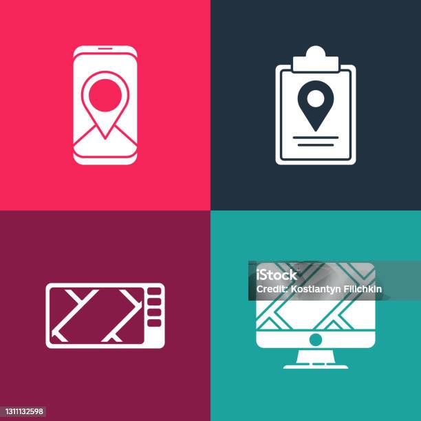 Vetores De Defina O Pop Art Monitor Com Marcador De Localização Mapa Do