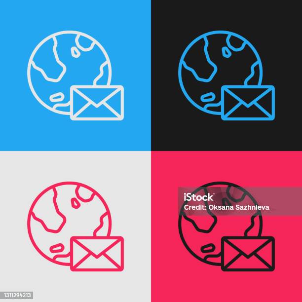 Pop Art Lijn Aarde Globe Met Post En Email Pictogram Geïsoleerd Op