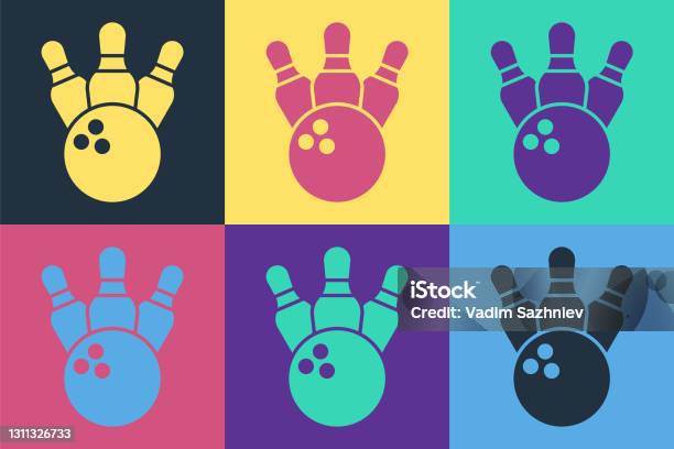 Pop Art Bowling Pin Dan Ikon Bola Terisolasi Pada Latar Belakang Warna