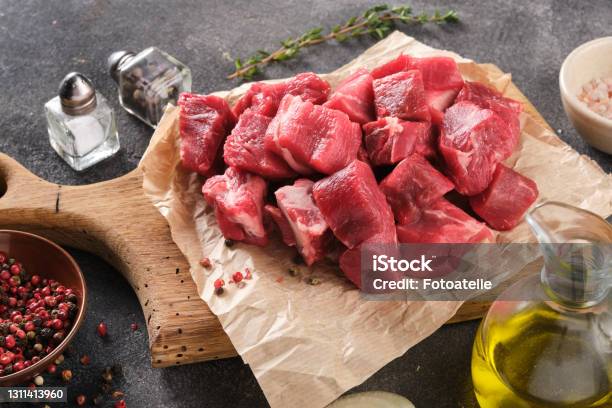 Bahan Mentah Untuk Gulai Daging Sapi Cincang Mentah Segar Di Papan Kayu
