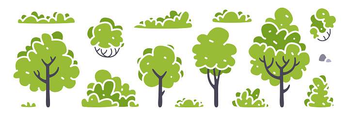 Ensemble Darbres Plantes Isolées Fond De Forêt Couleur Verte Conception