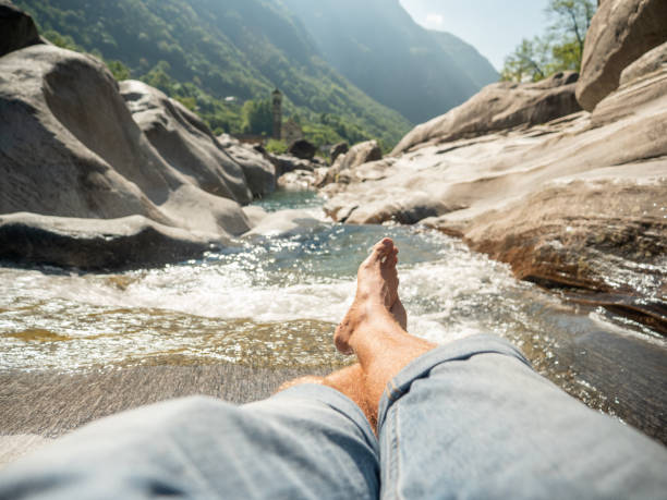 Free picture: barefoot, man, rocky river, rocks, outdoor, feet, sunny ...