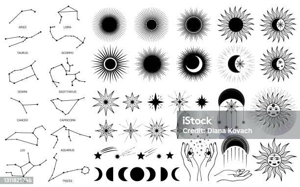 Tangan Digambar Set Matahari Mistis Dengan Wajah Wanita Bulan Tangan
