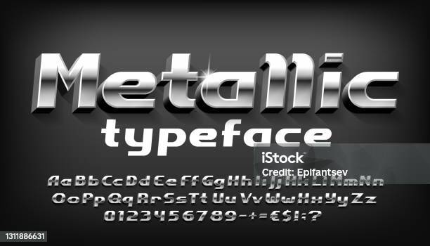 Font Alfabet Metalik Huruf Logam Tebal 3d Angka Dan Tanda Baca Dengan