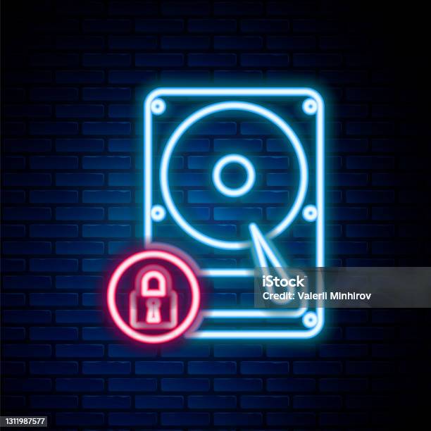 Garis Neon Bersinar Hard Disk Drive Dan Ikon Kunci Terisolasi Pada