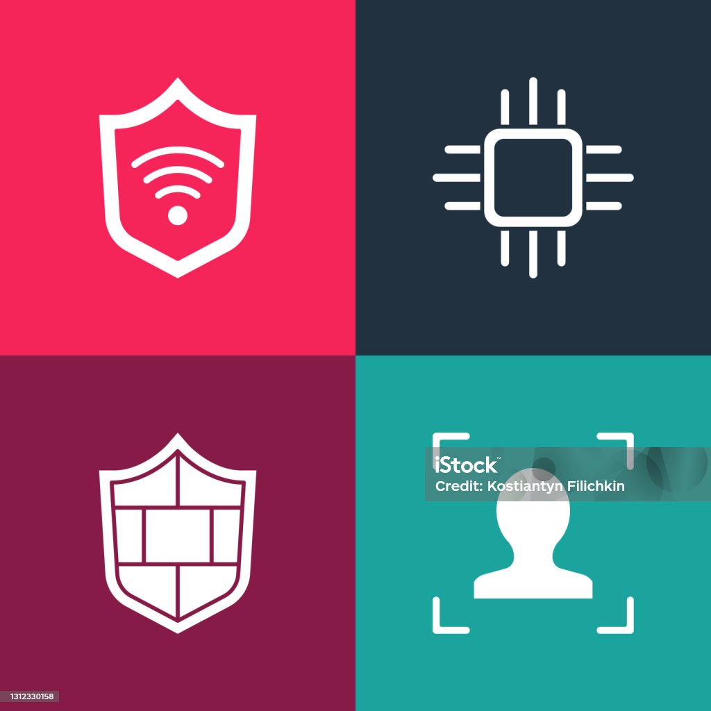 Set Pop Art Face Recognition Shield With Brick Wall Processor Microcircuits Cpu And Wifi