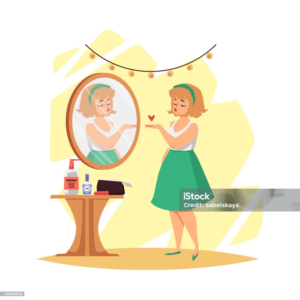 Woman Satisfied With Her Appearance In Mirror Flat Vector Illustration